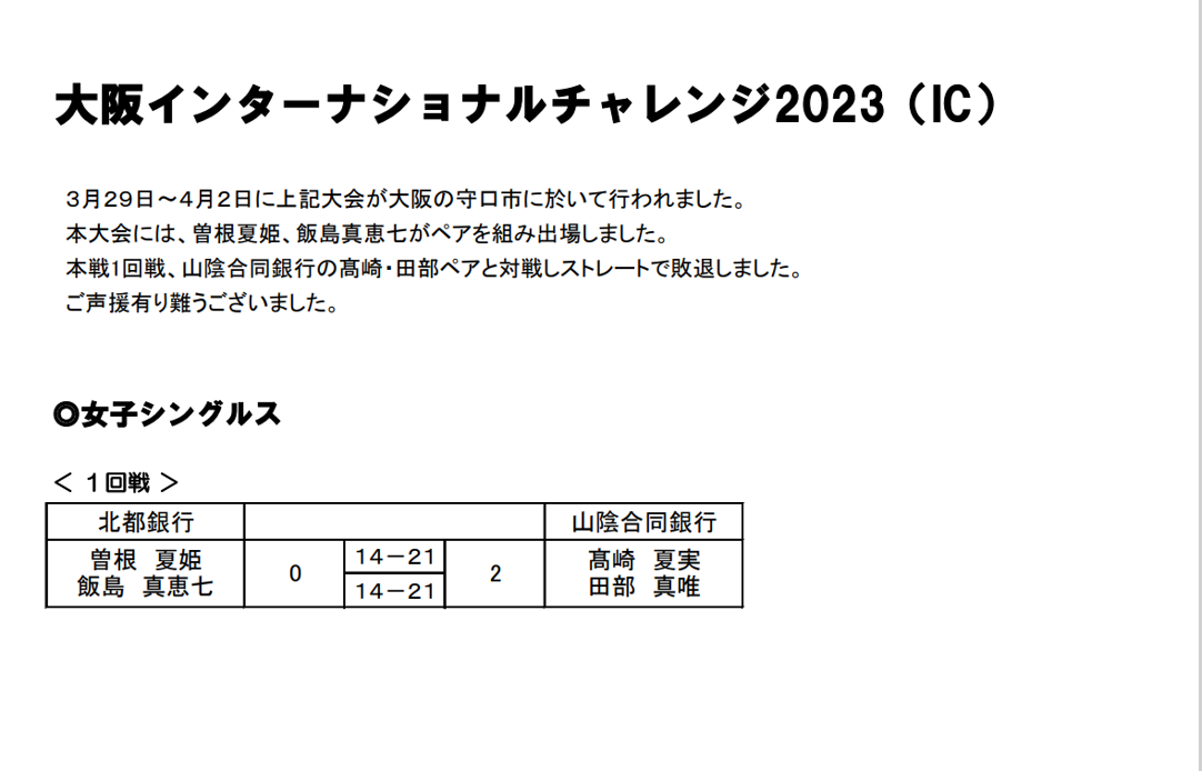 大阪IC2023｜北都銀行バドミントンクラブ